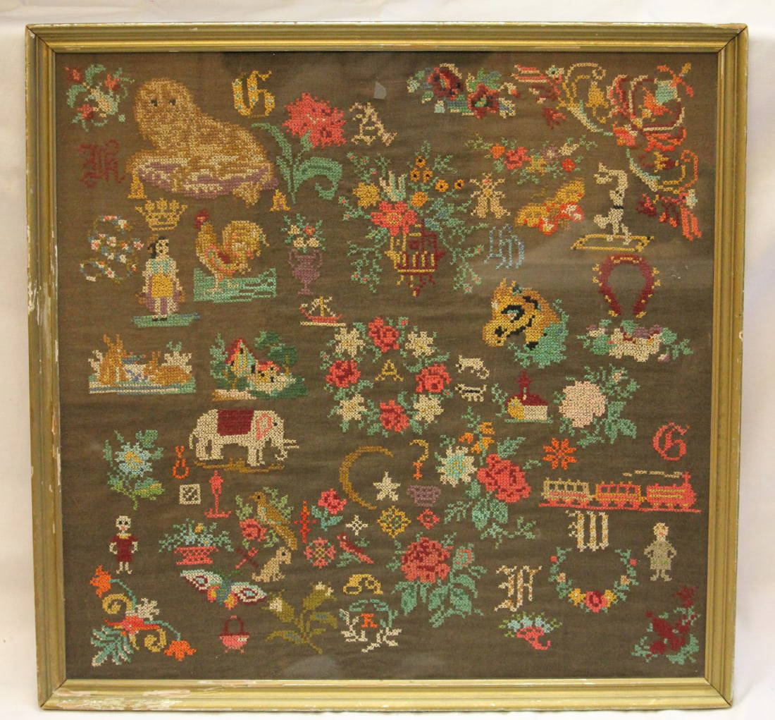 Vintage Dutch Crest, Animals And Flowers Framed Needlepoint Auction