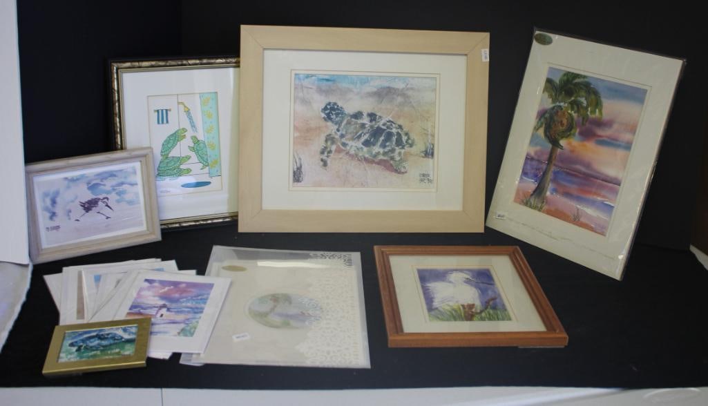 Lot Of Millie Briggs Watercolor Sealife Paintings And Notecards, Framed ...