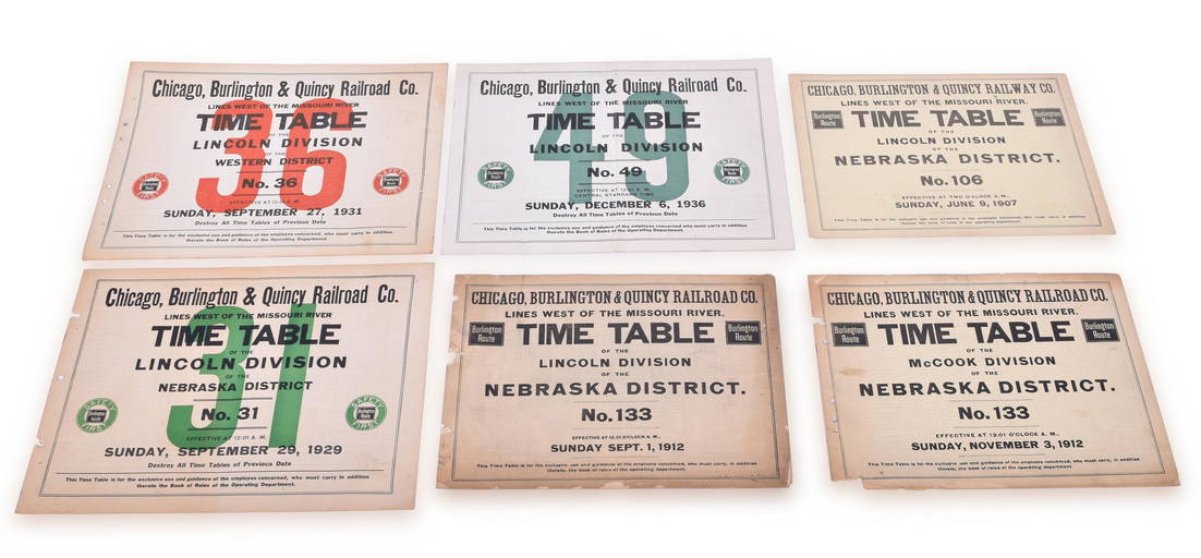 Group of six CB&Q / Burlington Employee Timetables - Lincoln and McCook ...