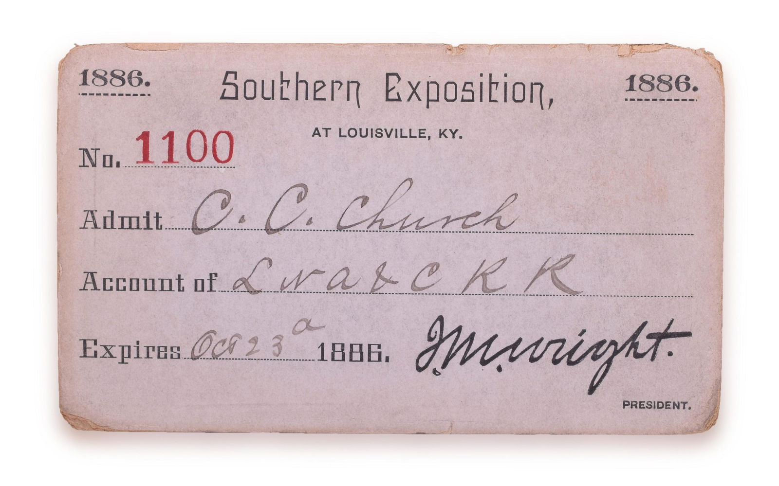 Louisville, New Albany And Chicago Railroad 1886 Southern Exposition Pass