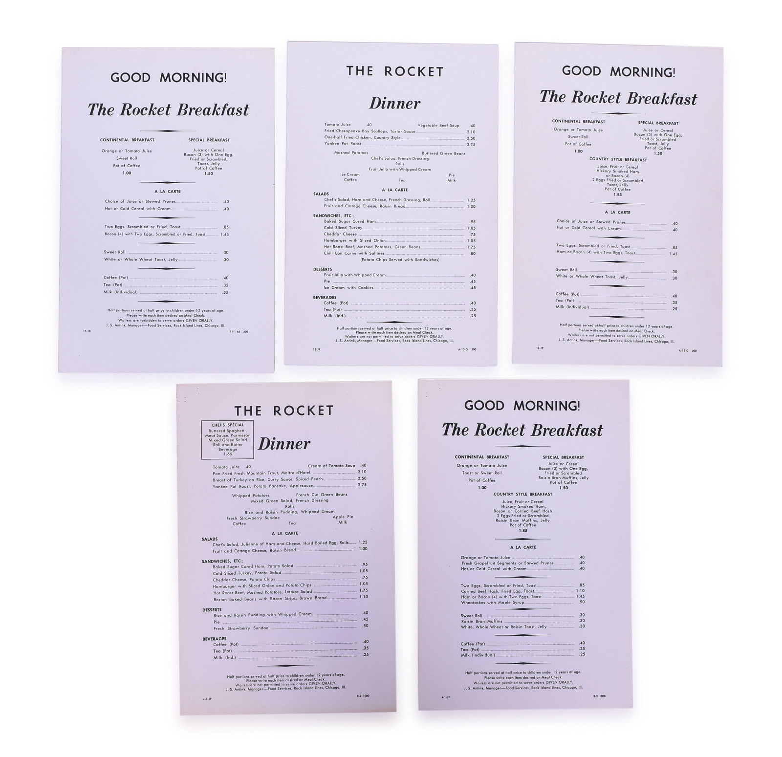 Chicago Rock Island & Pacific Railroad "the Rocket" Menus