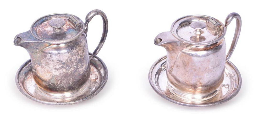 2 Canadian Pacific Railroad Silver Syrup Pitchers With Attached Underliners