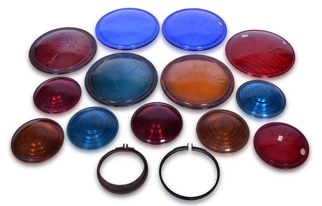 Thirteen Glass And Plastic Railroad Signal Lenses And Two Retaining ...