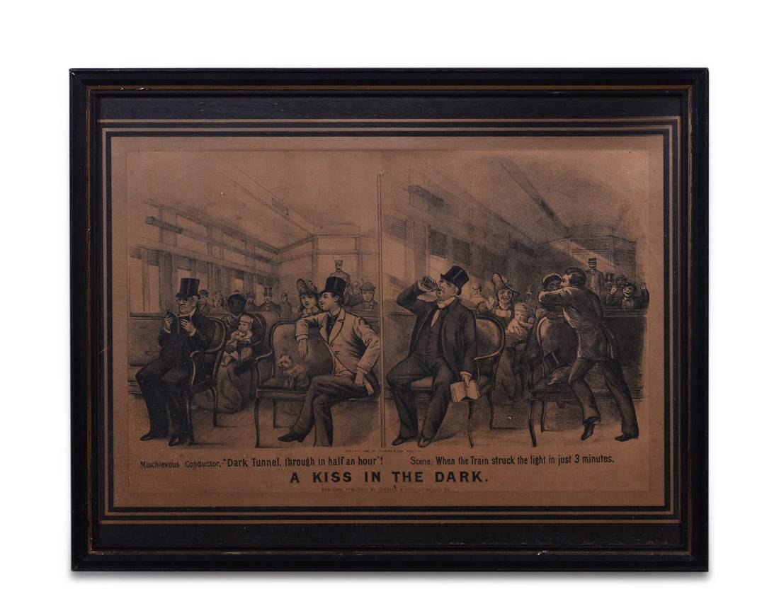 1882 Currier & Ives Railroad Lithograph Print - A Kiss In The Dark Auction
