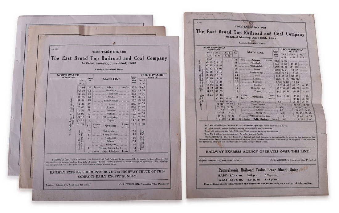 Four East Broad Top Railroad Employee Timetables - 1952 And 1953 Auction