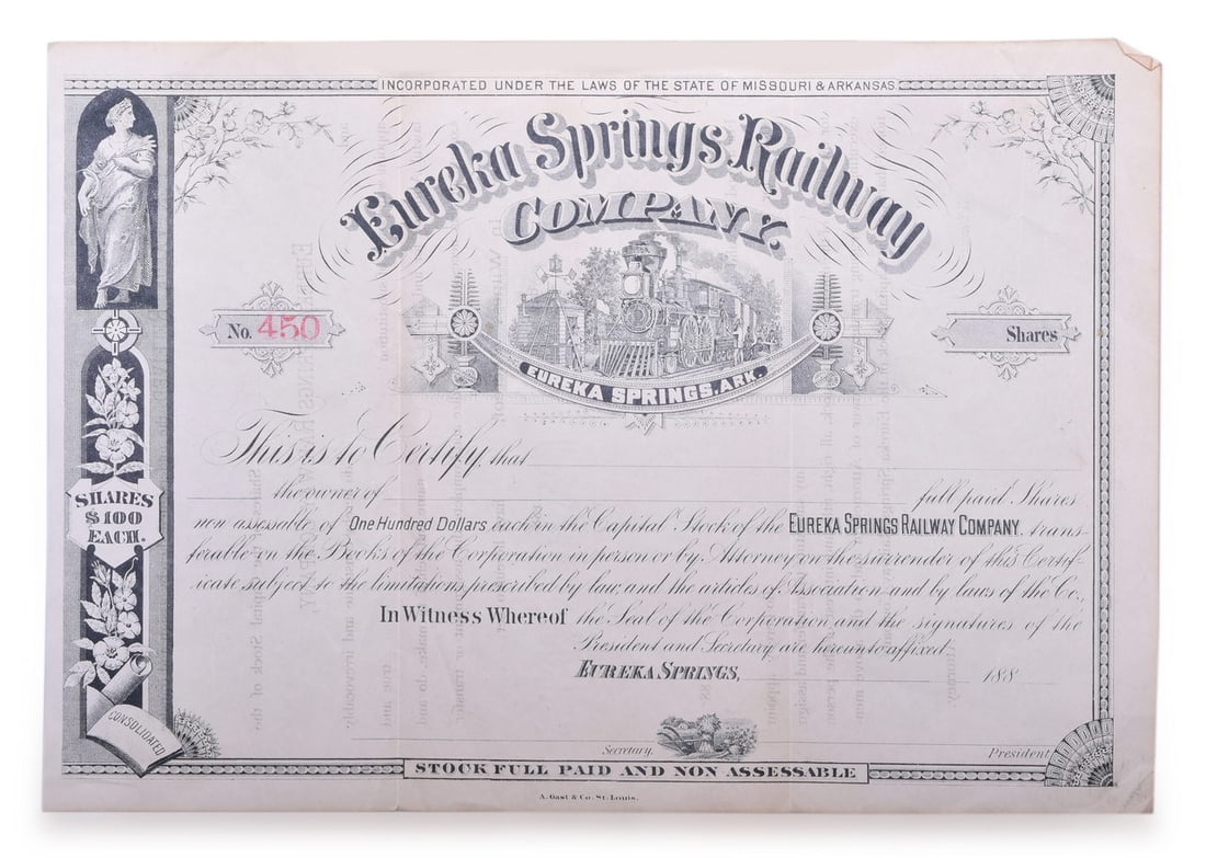1880 Eureka Springs Railway Unissued Stock Certificate