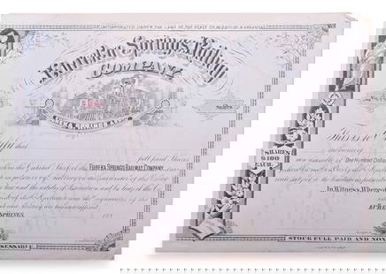 1880 Eureka Springs Railway Unissued Stock Certificate