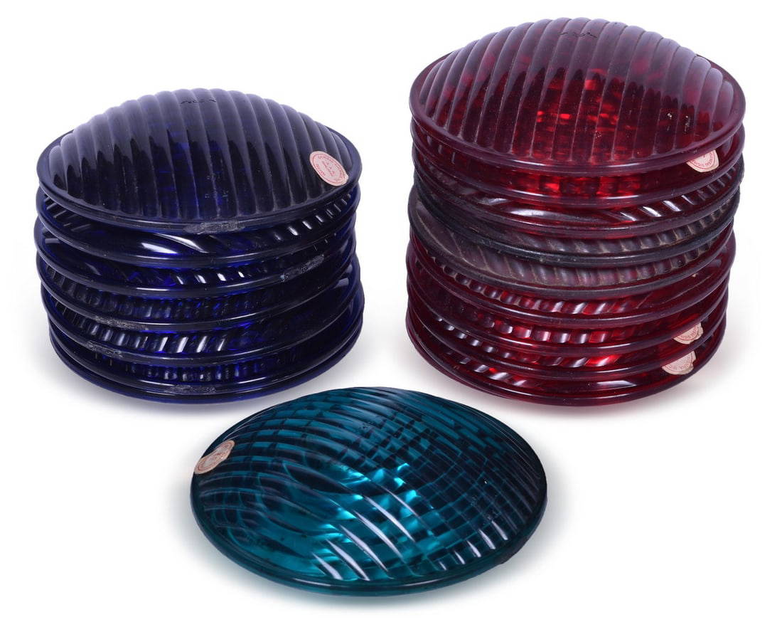 Eighteen 5 3/8" Red, Blue, Green, And Amber Fresnel Signal Lenses ...