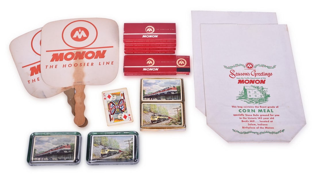 Monon Railroad Glass Paperweights, Matches, Playing Cards, Corn Meal ...
