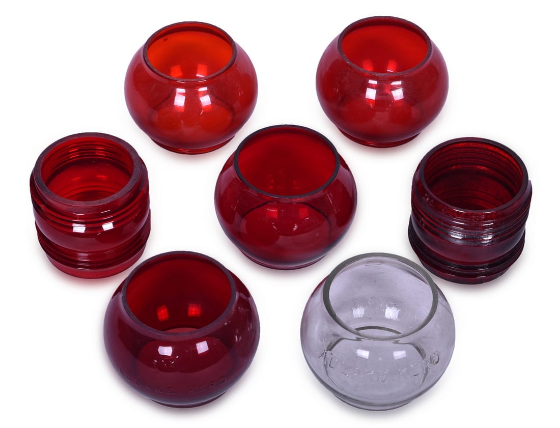 Seven Lantern Short Globes - Red And Clear - Fresnel And Round Auction