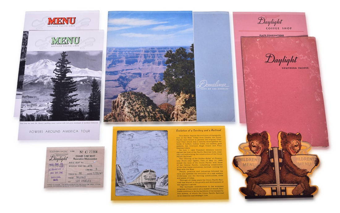 Eight Union Pacific And Southern Pacific Railroad Paper Items - Menus ...