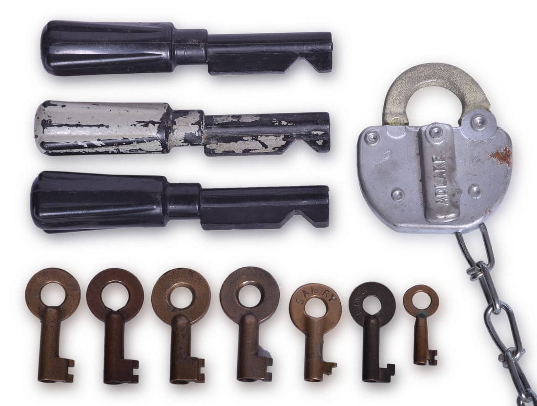 Railroad Hardware Lot - Reverser Keys, Locks, Brass Keys, Etc. Auction