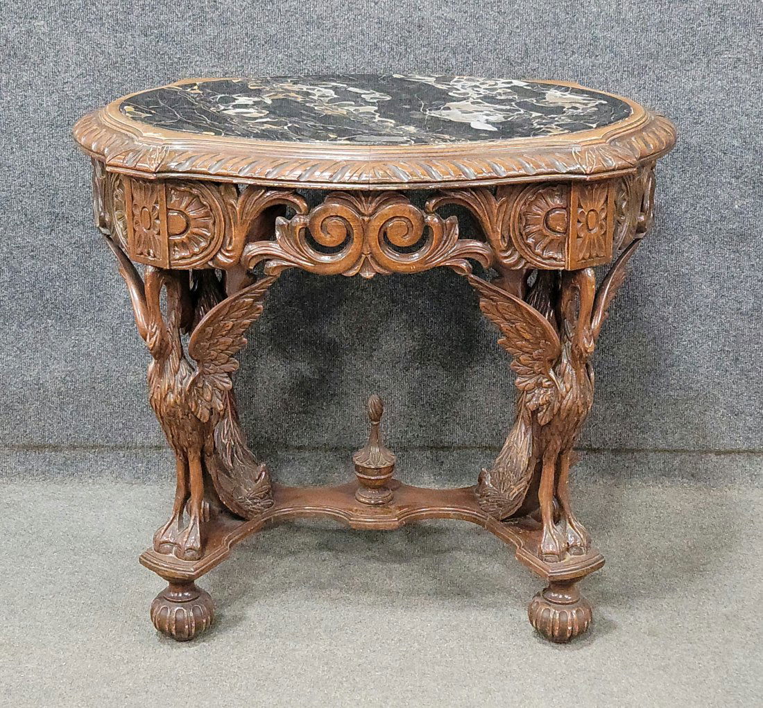 19th Century Carved Horner Swan Table With Marble Top