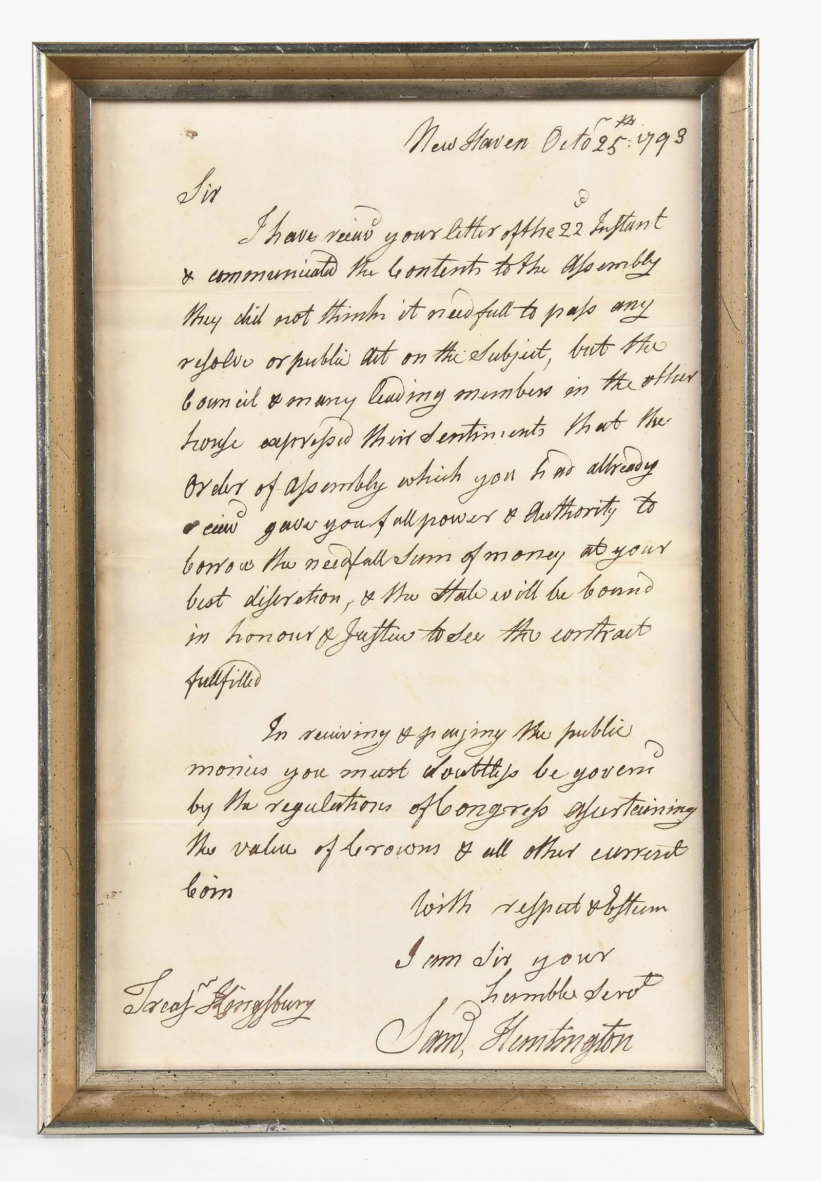 Autograph Letter Signed To Andrew Kingsbury From Samuel Huntington 1793 ...