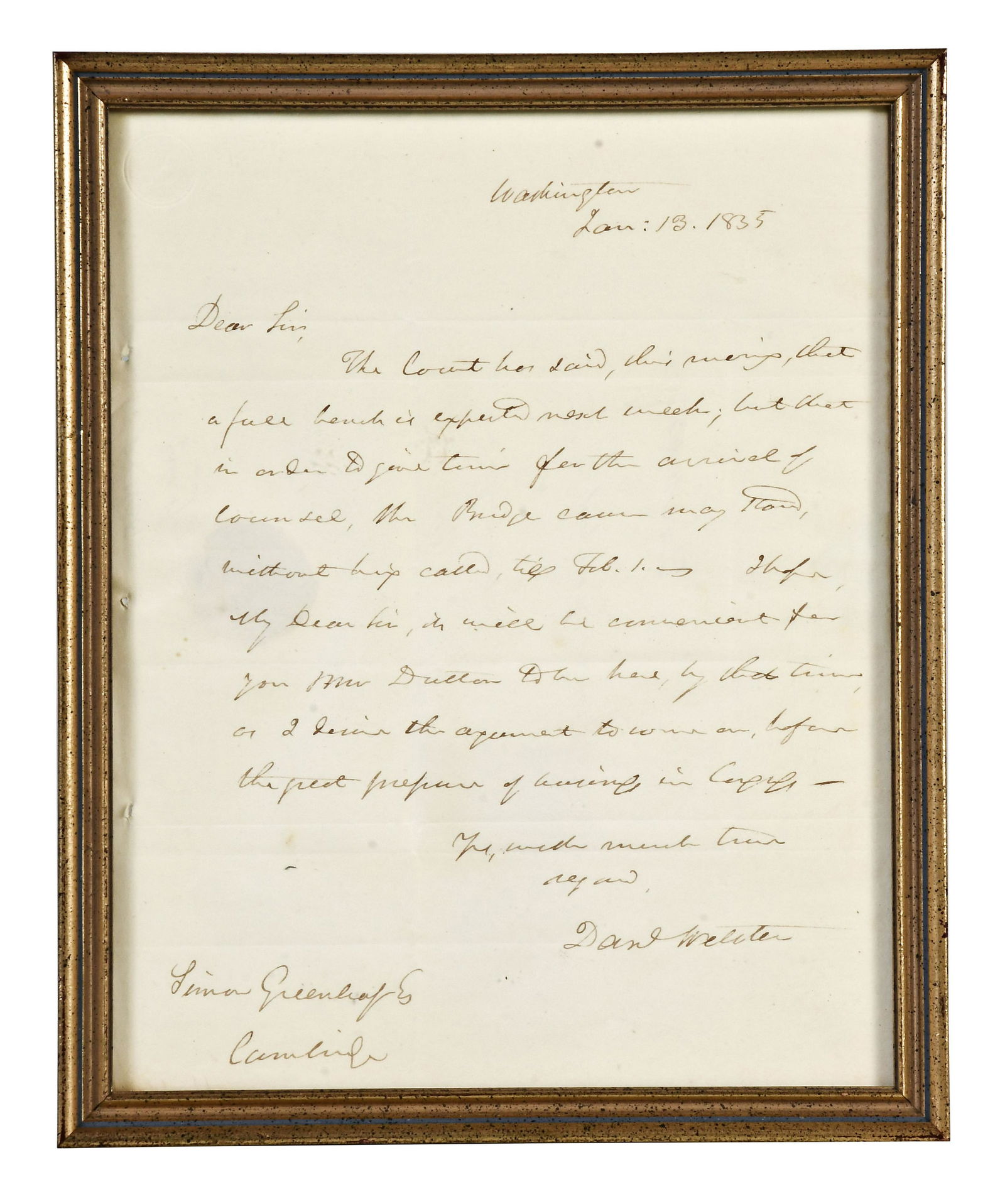 Autograph Letter Signed To Simon Greenleaf From Daniel Webster 1835 Auction
