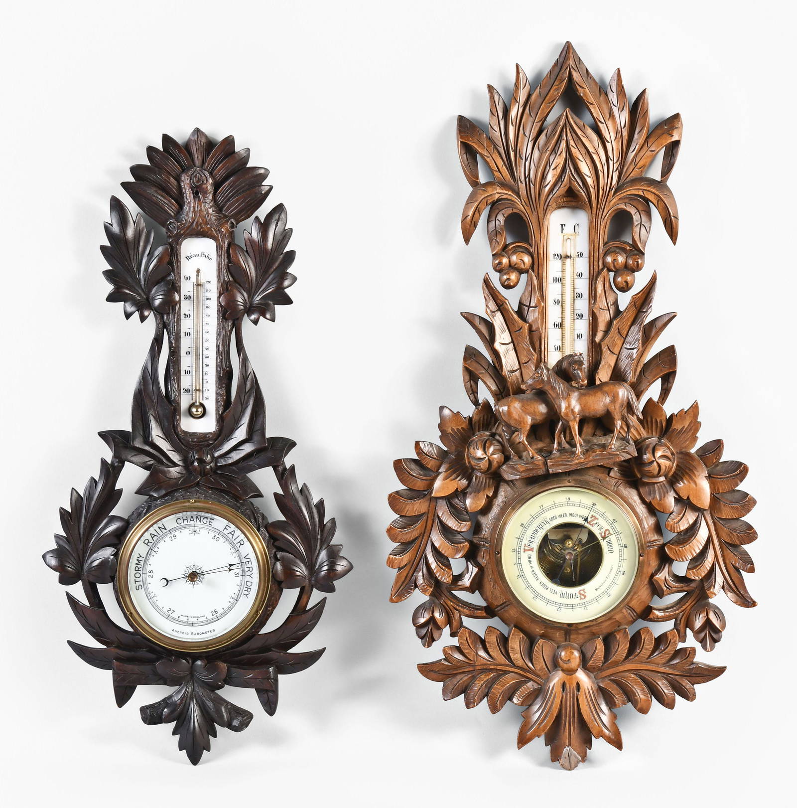 Two Hand Carved Black Forest Wall Barometers With Mercury Thermometer ...