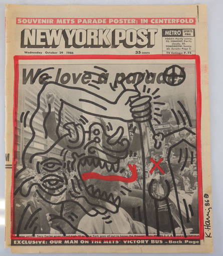 Keith Haring. Original drawing in black and red marker on a newspaper ...