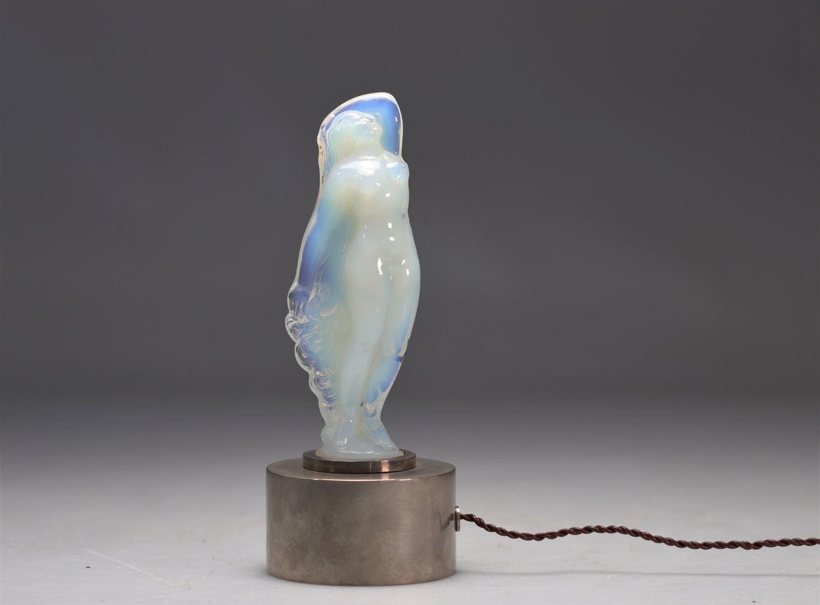 Art Deco Sabino Nightlight Young Opalescent Nude Woman Nickel Plated Metal Base Auction
