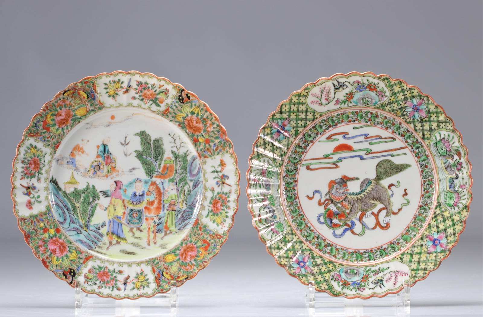 Canton Porcelain Plates (2), Decorated With Figures And Lion With ...