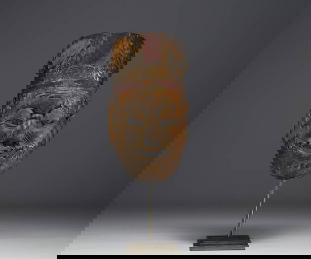 China Nuo Theatrical Ritual Exorcism Mask In Polychrome Wood, 18th Century.