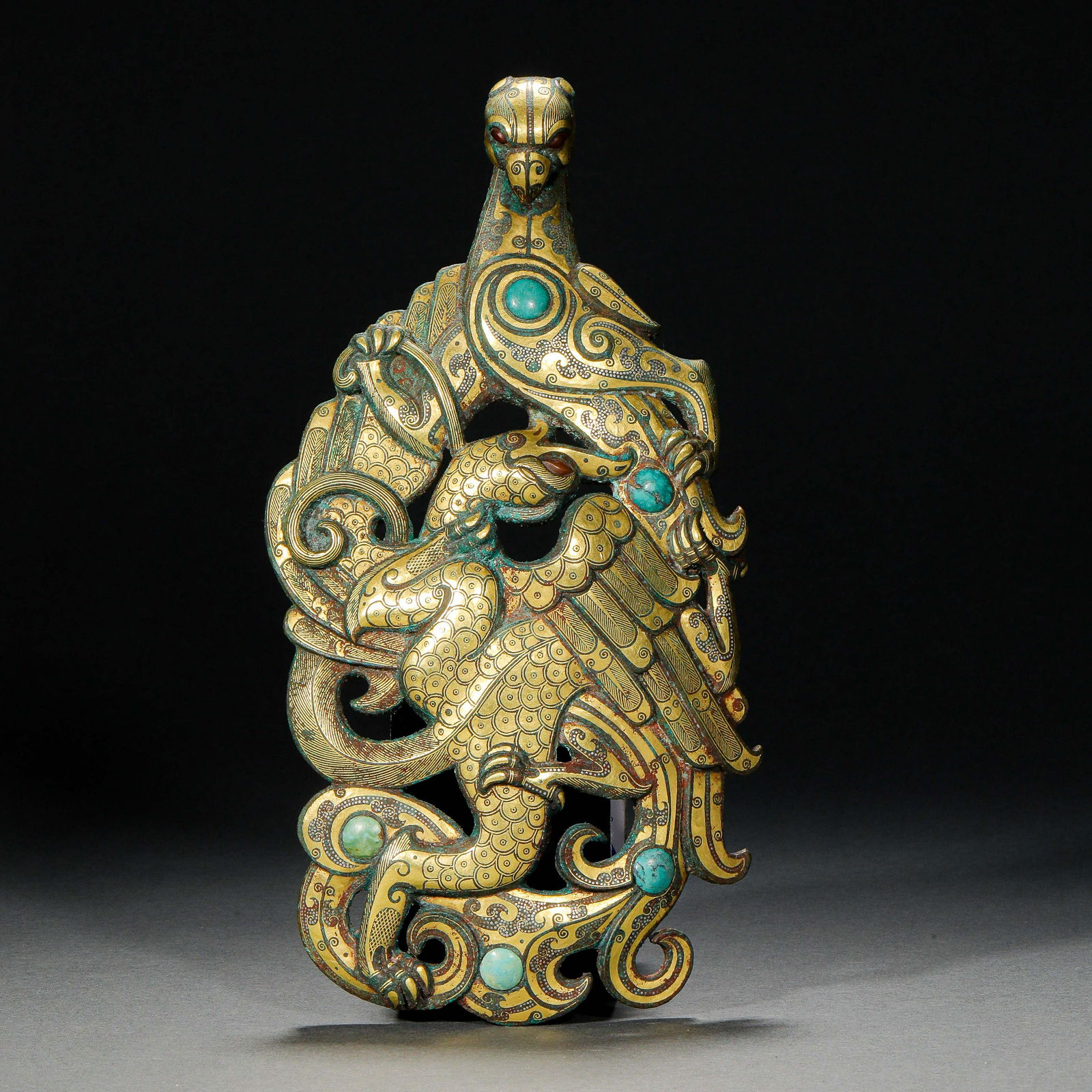 Pre Ming Dynasty Gold And Silver Inlaid Turquoise Dragon And Phoenix ...