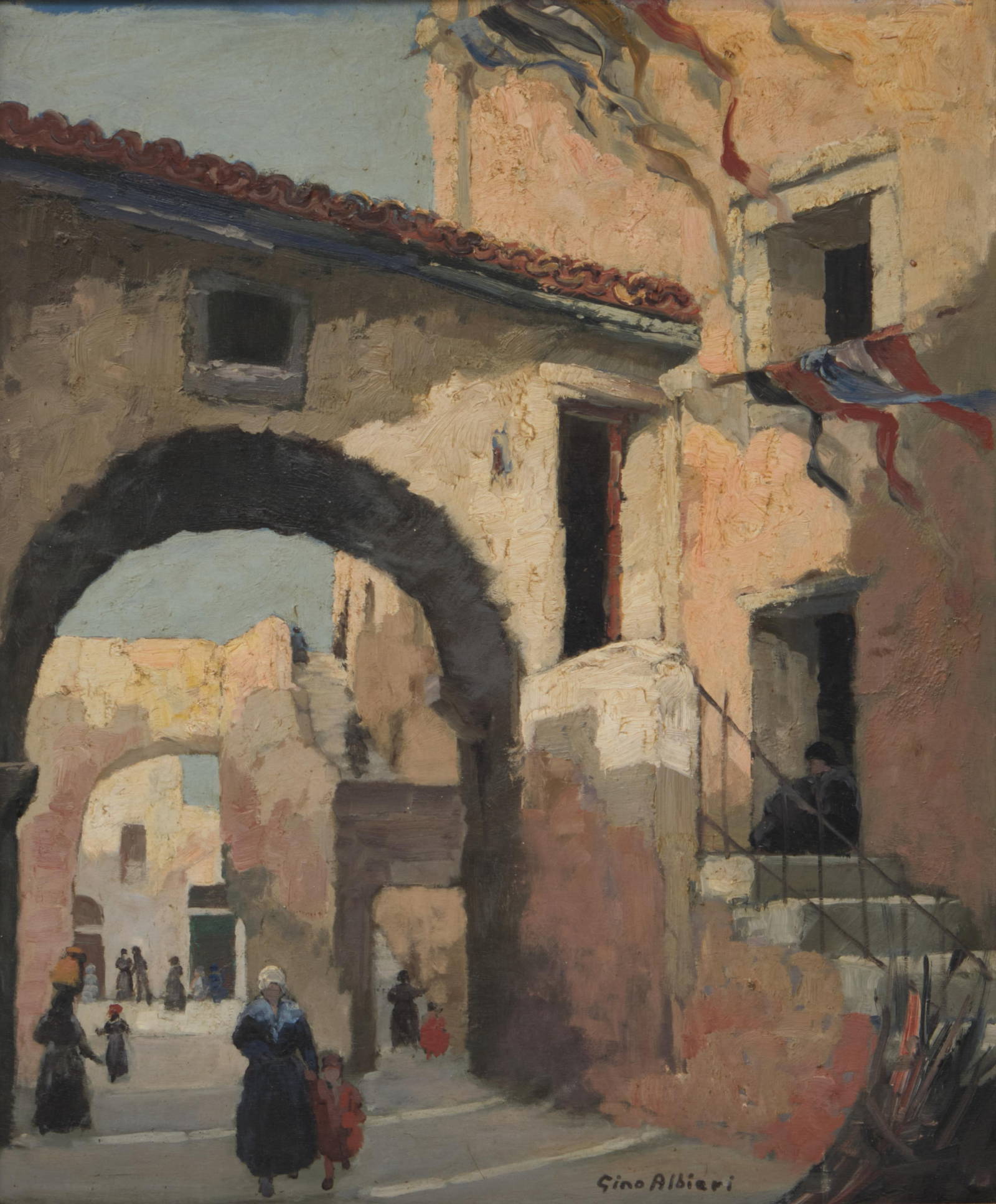 Gino Albieri - Scorcio Di Paese, Oil Work On Panel Depicting A View Of ...