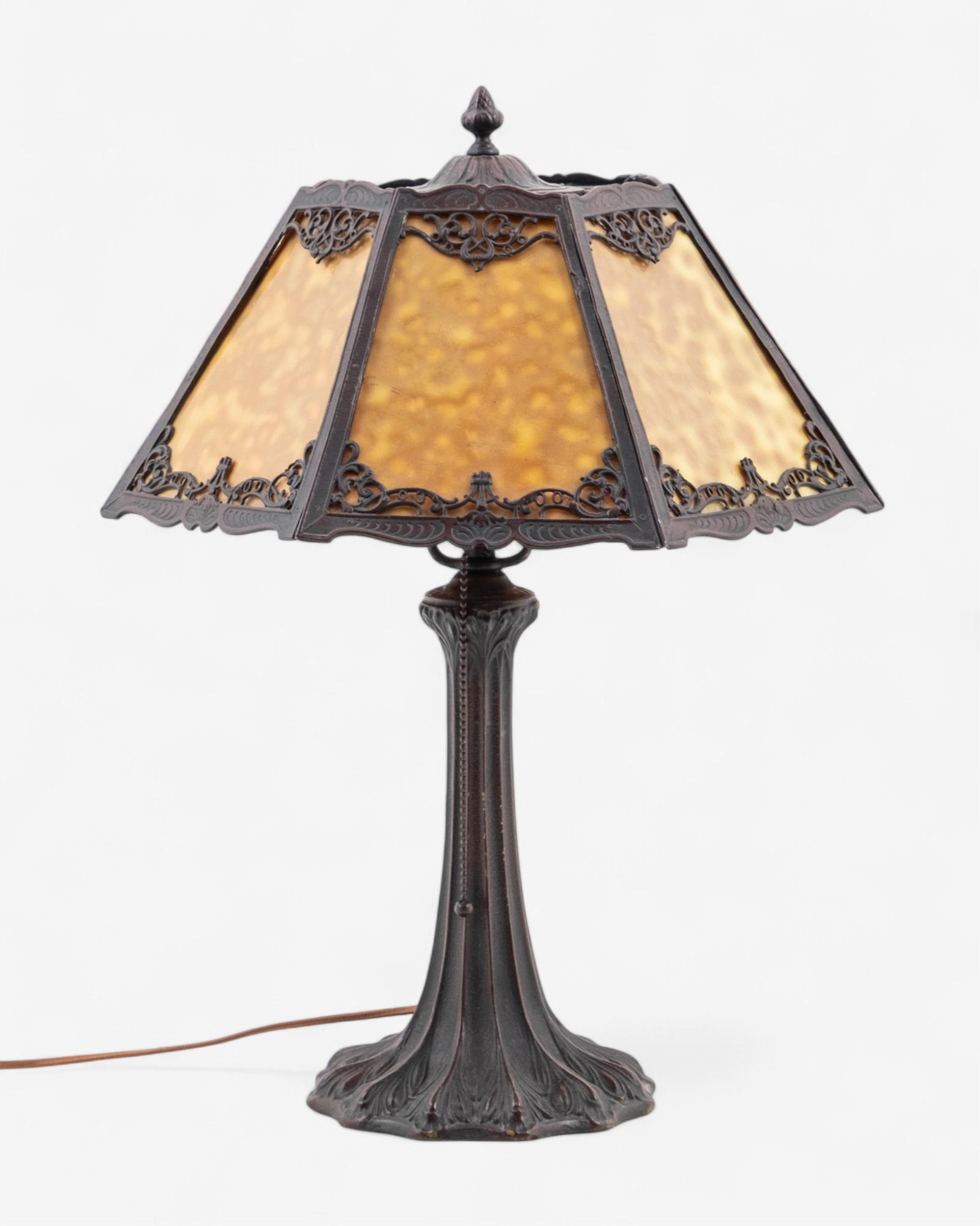 Arts And Crafts Bronze Table Lamp With Amber Slag Glass Panel Shade Auction