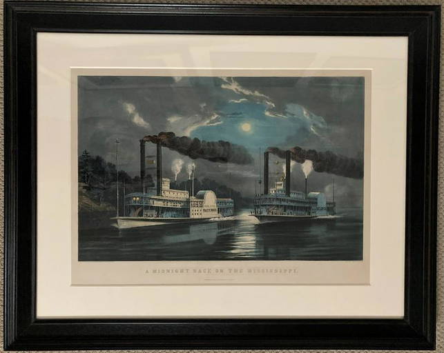 Currier And Ives, Large Format Hand Colored Lithograph, "a Midnight ...