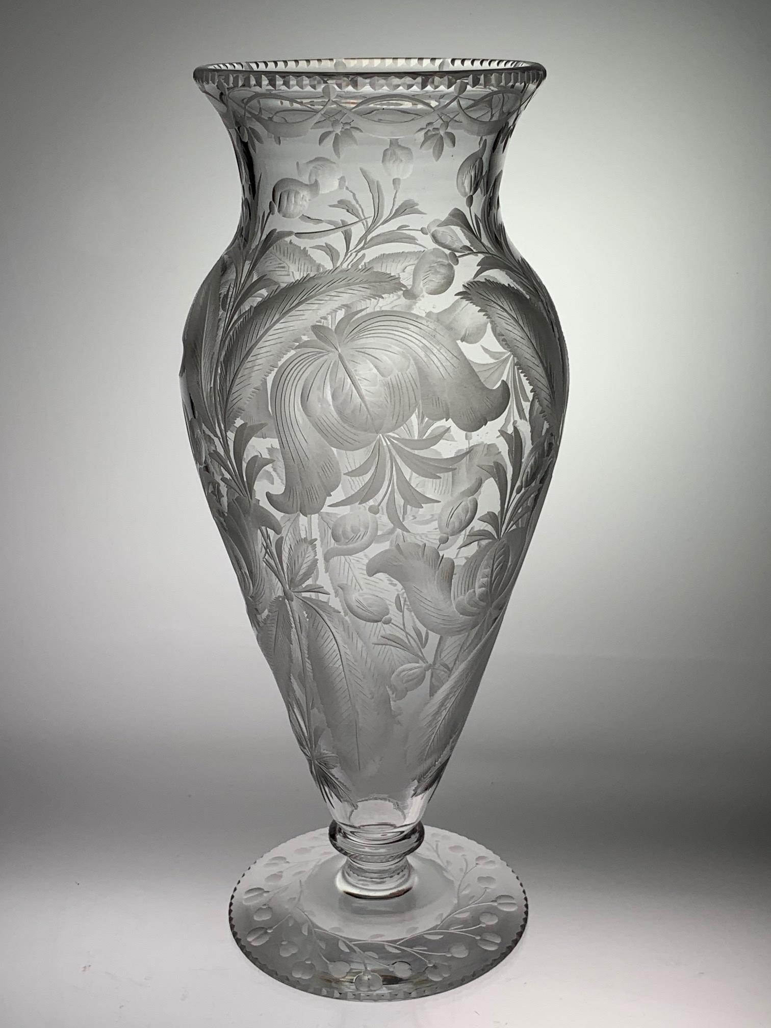 Signed Libbey Copper Wheel Engraved Glass Vase