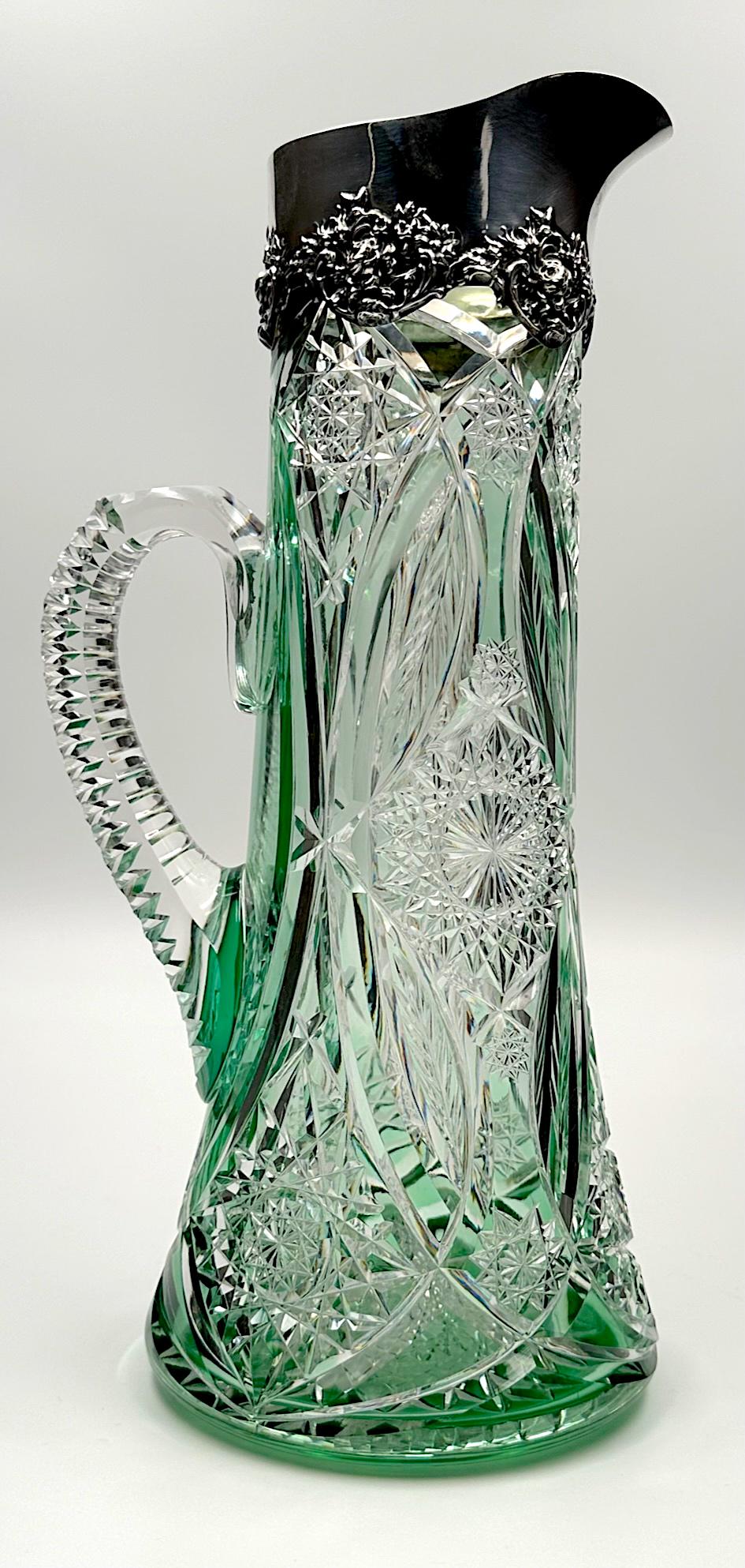 Cut Glass Pitcher Green Cut To Clear With Mauser Sterling Auction