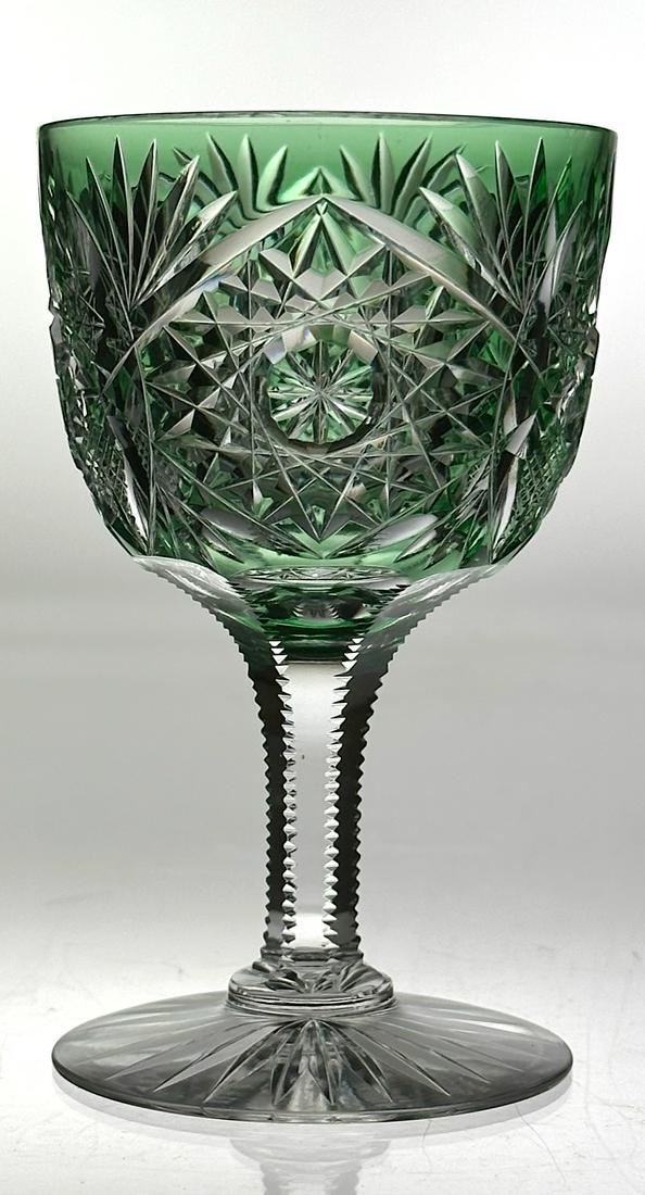 Rare J. Hoare Monarch Cut Glass Wine Stem Green Clear