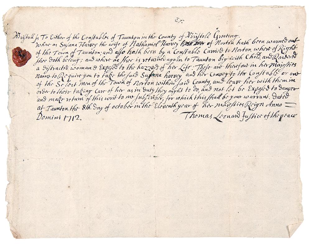 America Manuscript Document From Taunton, Ma 1712