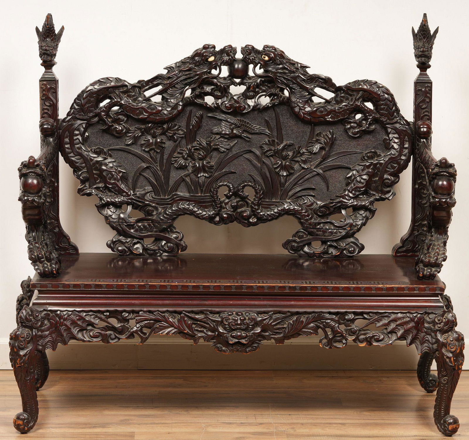 Meiji Japanese Carved Dragon Bench
