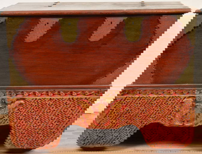 Chinese Brass Mounted And Carved Storage Chest