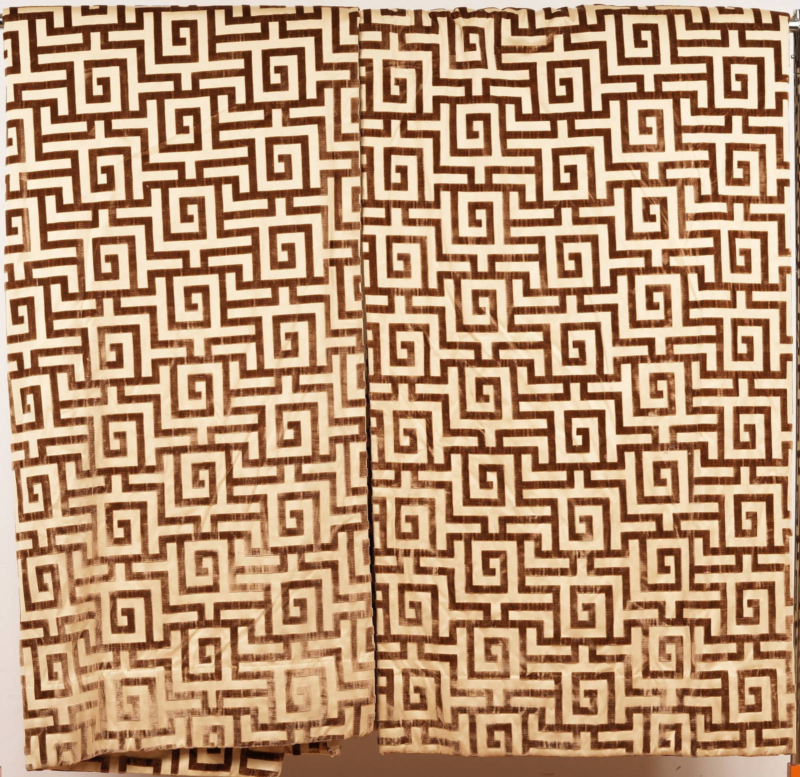 Lg Pair Custom Cut Velvet Greek Key Drapery Panels Auction