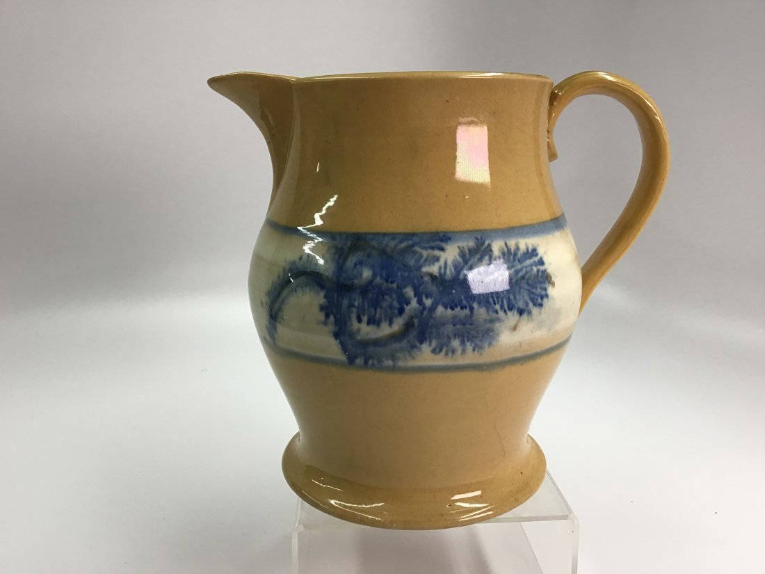 Large Yellow Ware Pitcher With Blue Dendritic Decorations Auction