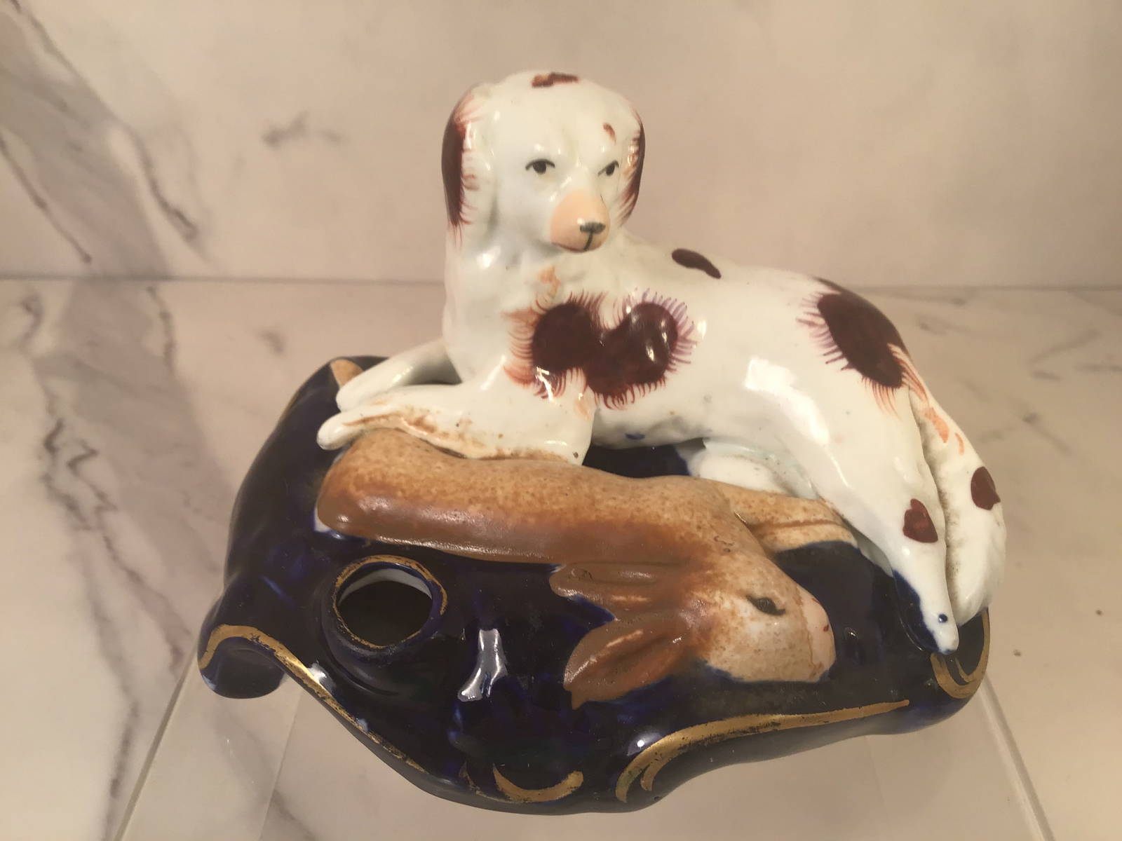 English Staffordshire Spaniel And Rabbit Inkwell Auction