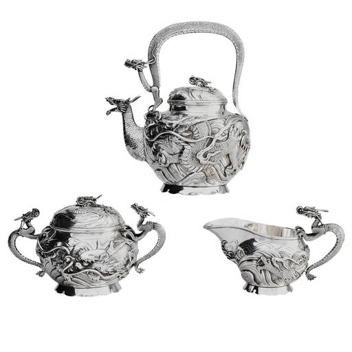 Oshima. Japanese Silver Tea Set Dragon. Early 20th Century.