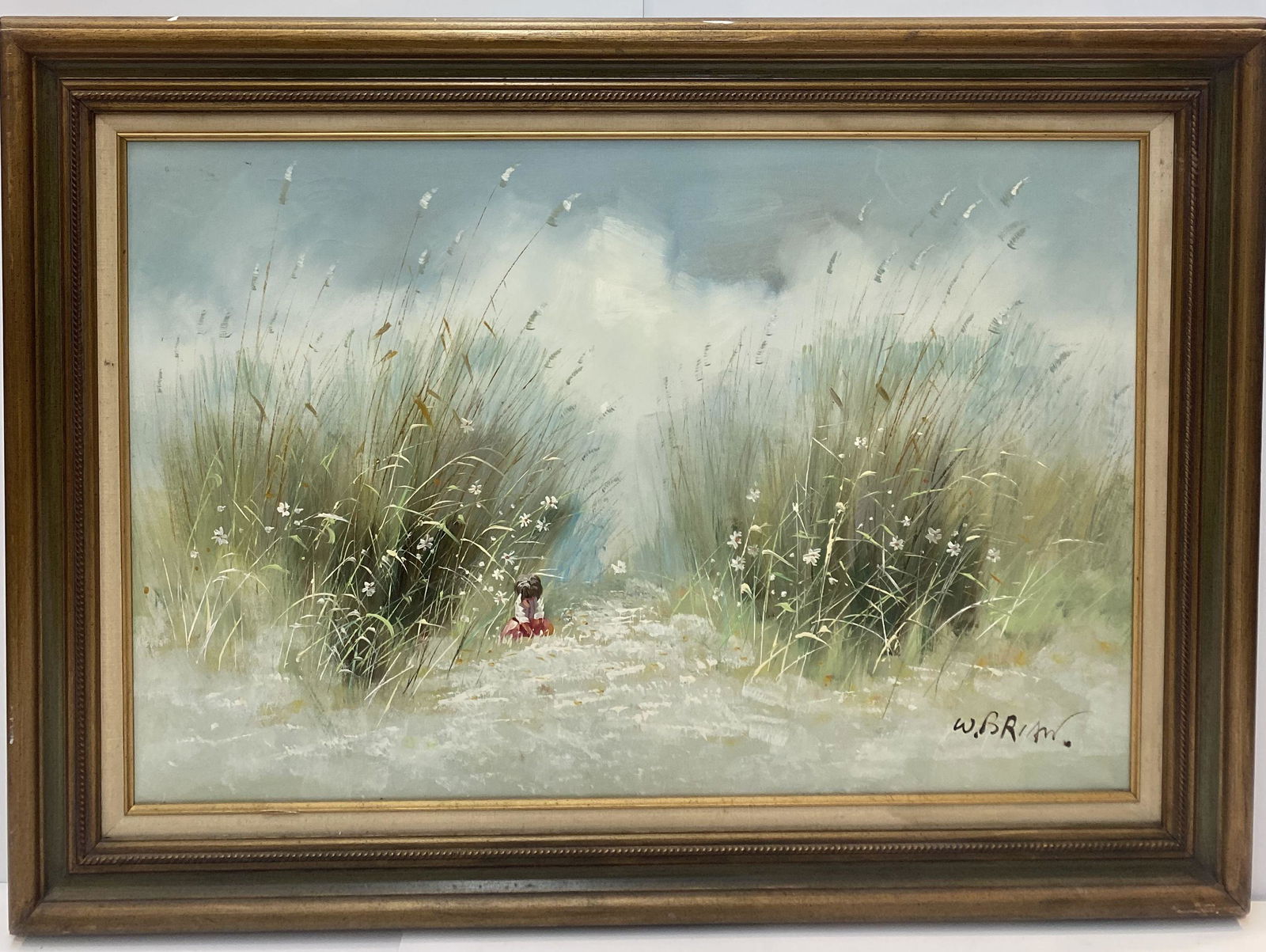 Signed W. Brian Oil Painting Child Playing At A Beach