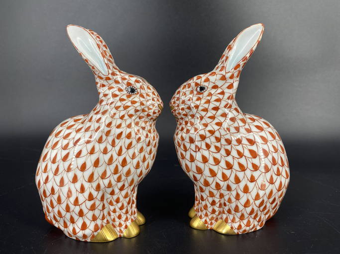 Herend Pair Seated Rabbit Rust Red Fishnet Gilt Figurines - Apr 30 ...