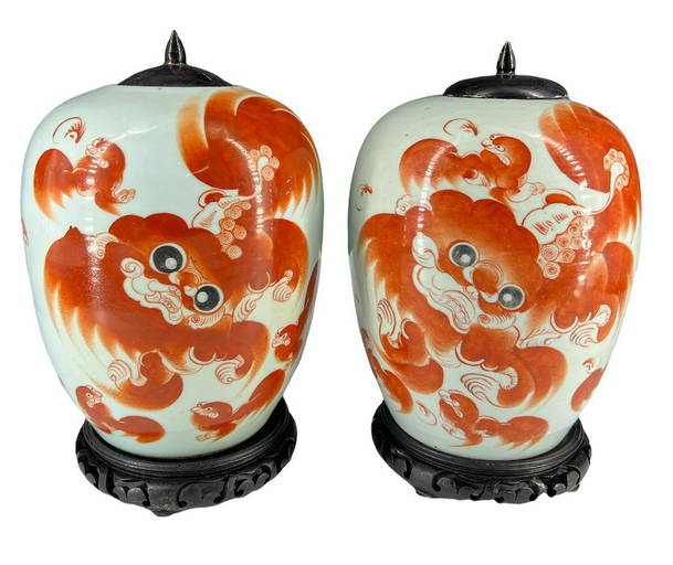 Antique Pair of Qing Dynasty Red Foo Dog Ginger Jars (#0349) on Jul 16 ...