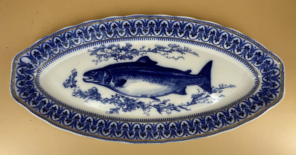 Antique Royal Doulton England Flow Blue Fish Serving Platter Gold Trim