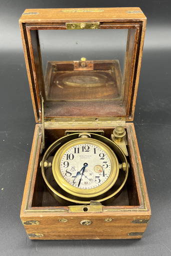 Vintage Waltham Watch Co. Nautical 8 Day Chronometer Clock In Original Case