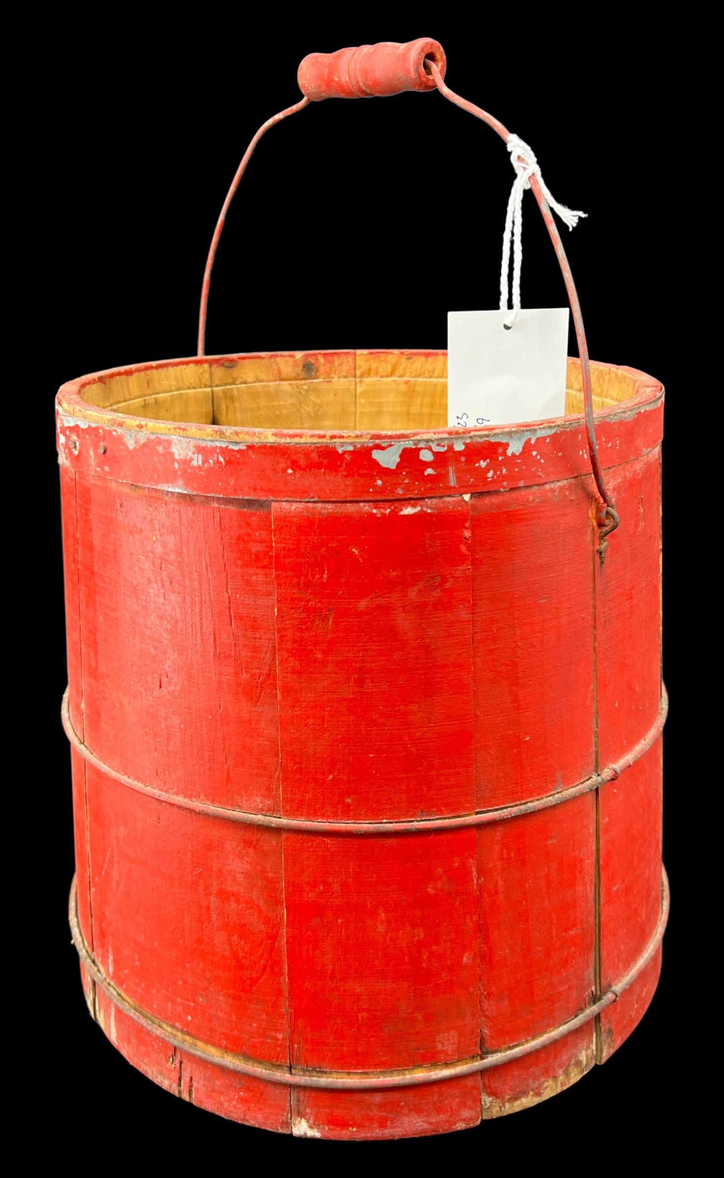 Antique Primitive Wooden Maple Sap Bucket Painted Red