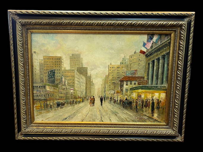 Antique R. Roy Wilson Framed Cityscape Painting On Canvas