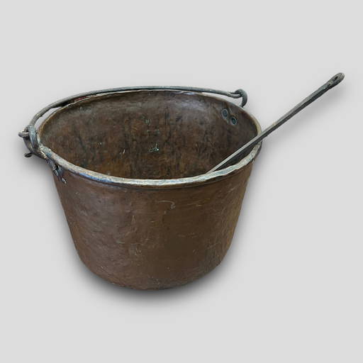 Antique Huge Copper Cauldron Pot W/ Wrought Iron Ladle