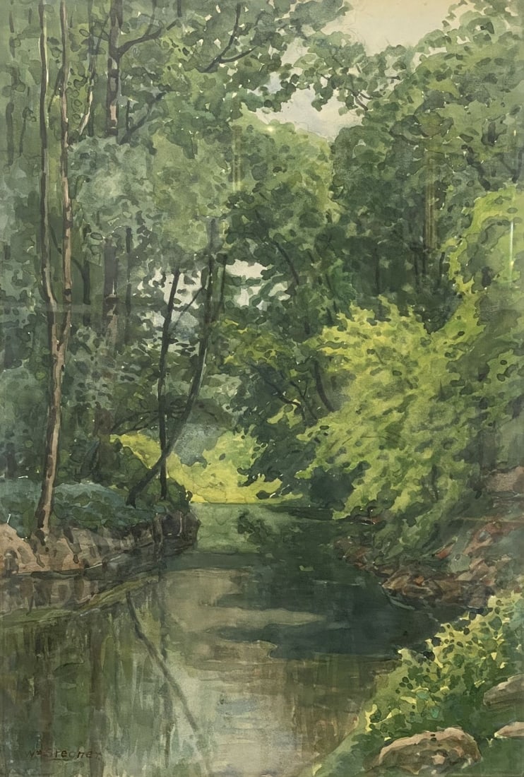 William Stegner (american - German 1850-1910) Watercolor Painting River ...