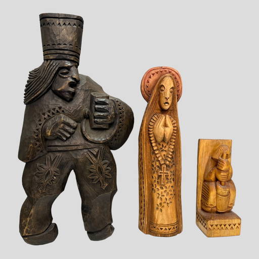 Vintage Lot Of 3 Jan Jankowski (polish, ?) Carved Wood Figures