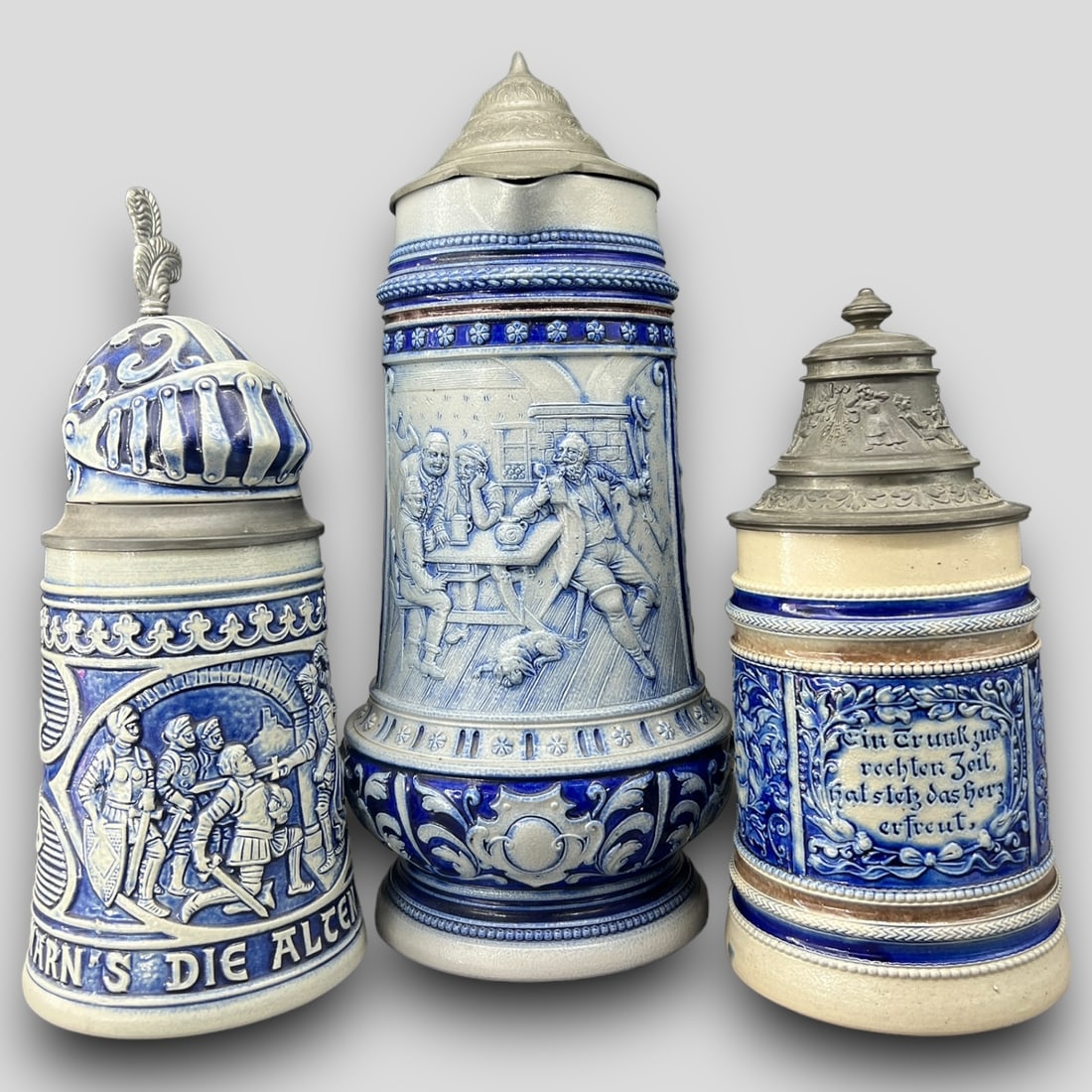 Lot Of 3 German Salt Glaze Stoneware Cobalt Porcelain Beer Steins Auction