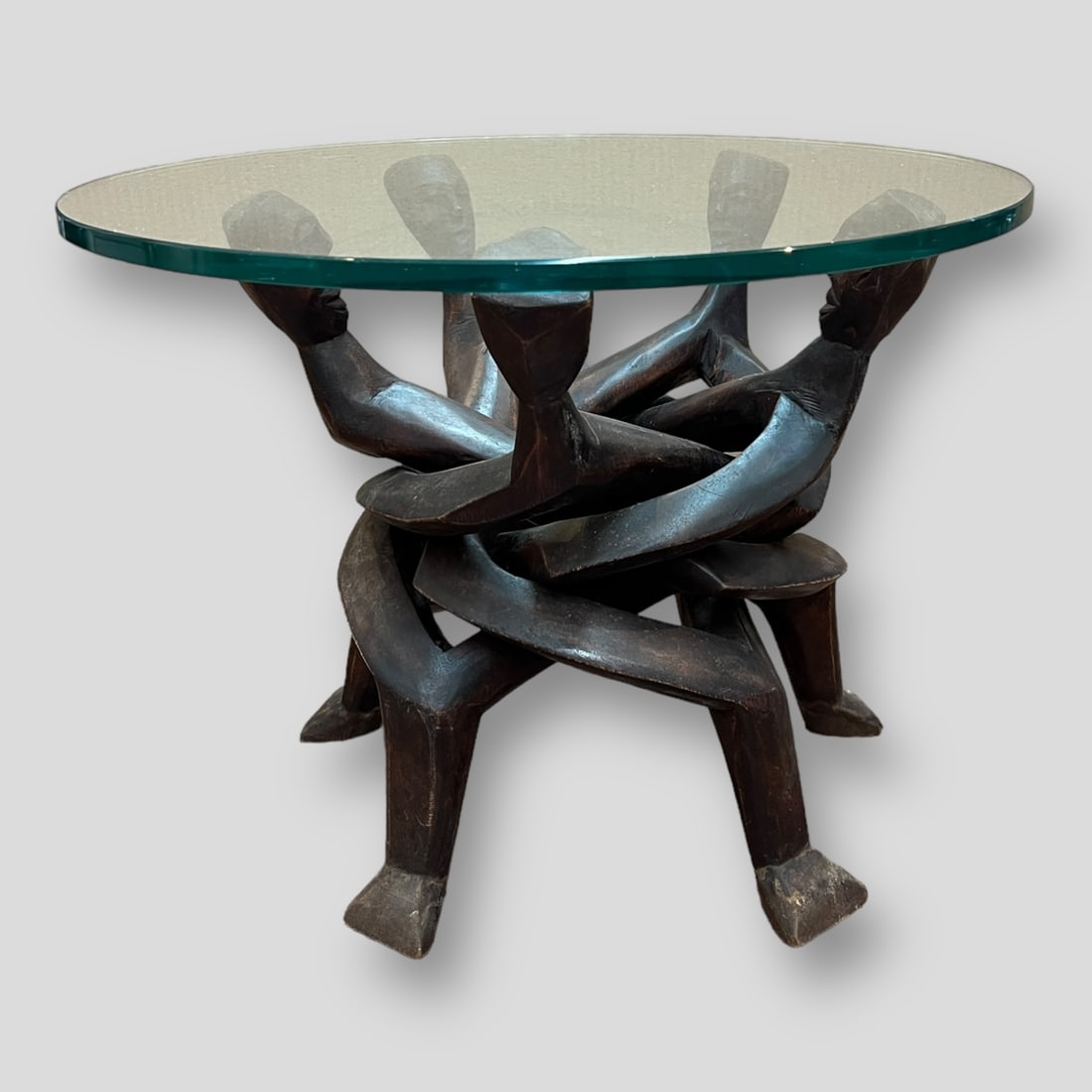 African Figural Carved Wooden Glass Top 5-head Unity Table Auction